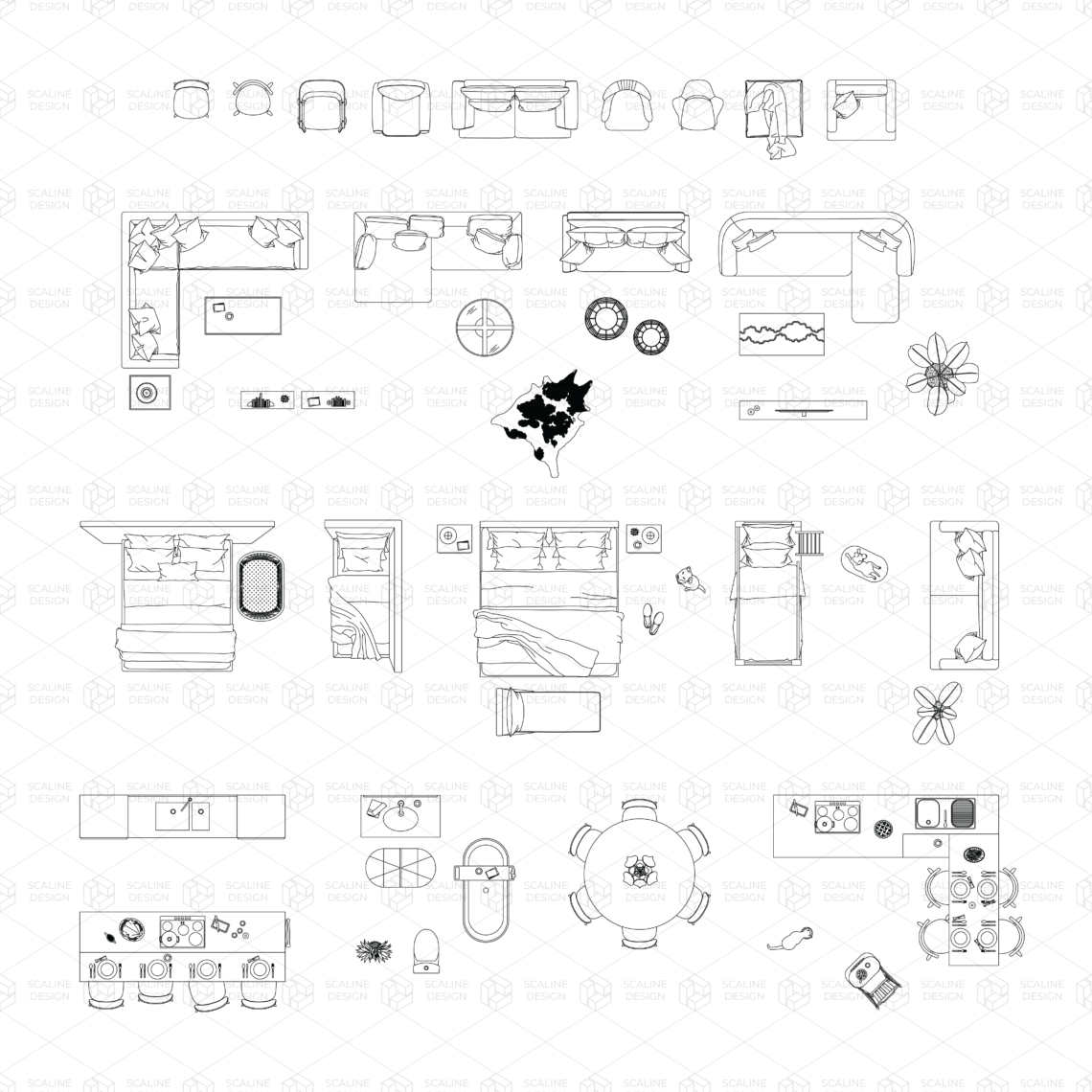 CAD & Vector Home interior furniture top view - Architectural drawings ...