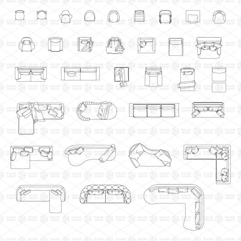 CAD & Vector Sofa and chair furniture top view - Architectural drawings ...